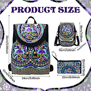 3 Pcs Women Vintage Embroidery Ethnic Handmade Backpack Flower Crossbody Bag Purse Travel Shoulder Bag(Purple Rose)