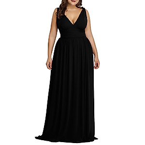Ever-Pretty Women's Plus Size V-Neck Pleated Chiffon Maxi Semi-Formal Dress Bridesmaid Dresses Black US18