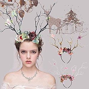 XIDAJIE Deer Antler Flower Crown Headbands Halloween Chritmas Long Antler Flower Branches Headband Props Horns Headpieces Hair Band Photo Shoot Forest Goddess Headdress Headwear, Navy