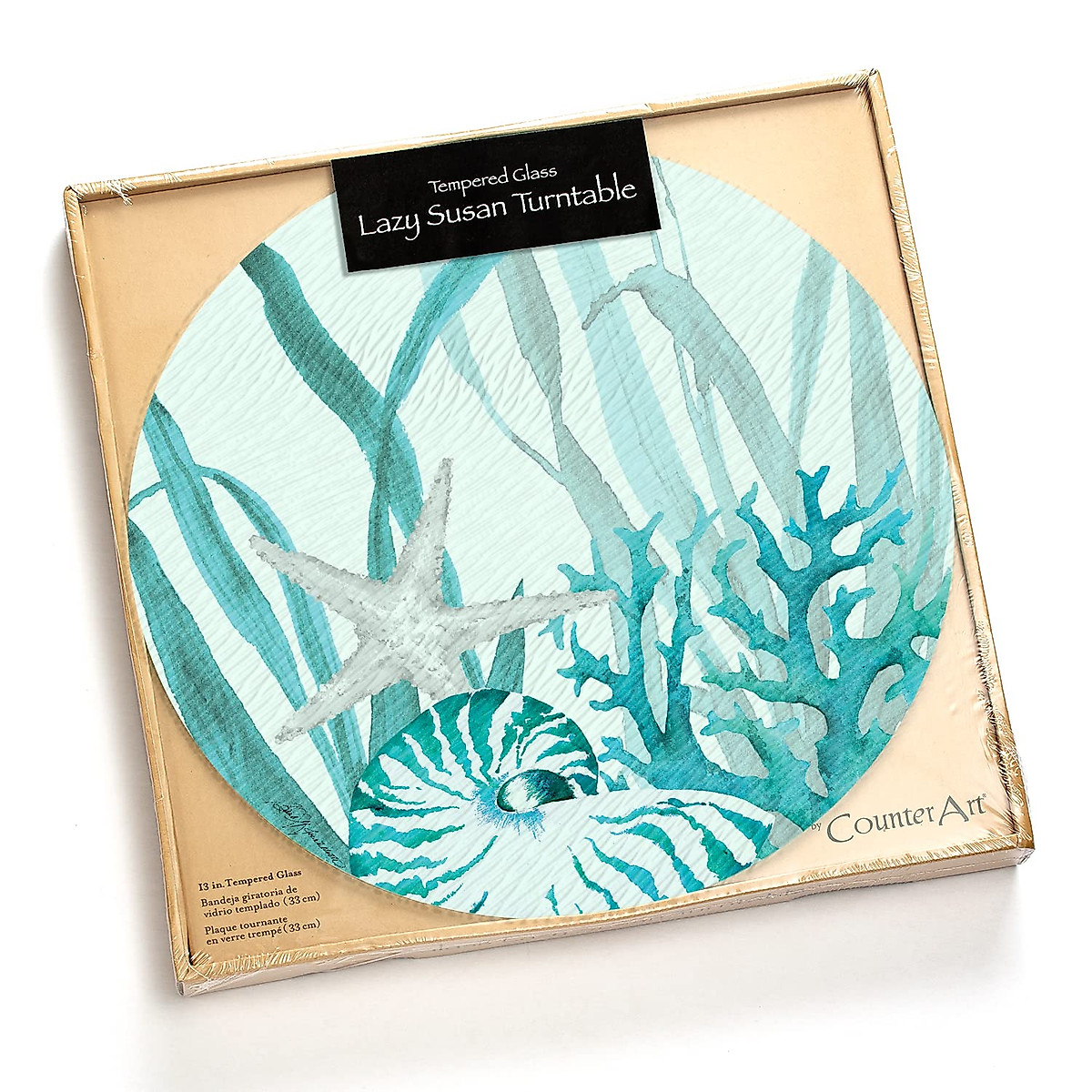 CounterArt Coral Life 4mm Heat Tolerant Tempered Glass Lazy Susan Turntable 13" Diameter Cake Plate Pizza Server Condiment Caddy