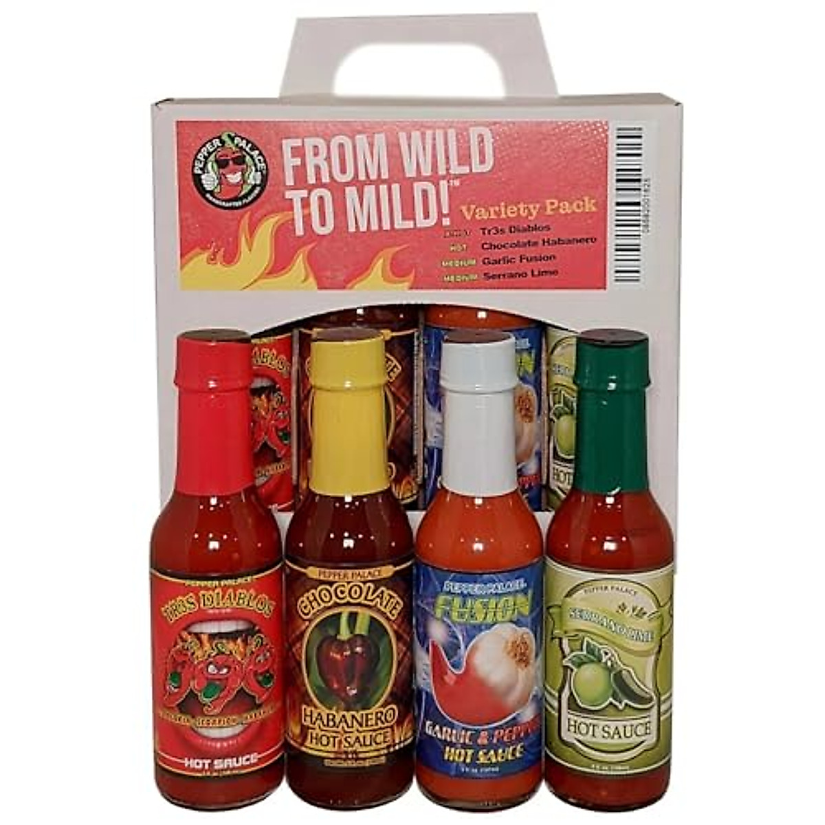 Pepper Palace Wild to Mild Hot Sauce Variety Gift Kit: Tr3s Diablos, Garlic Fusion, Southern Peach and Vidalia Onion Hot Sauce, and Chocolate Habanero Sauces