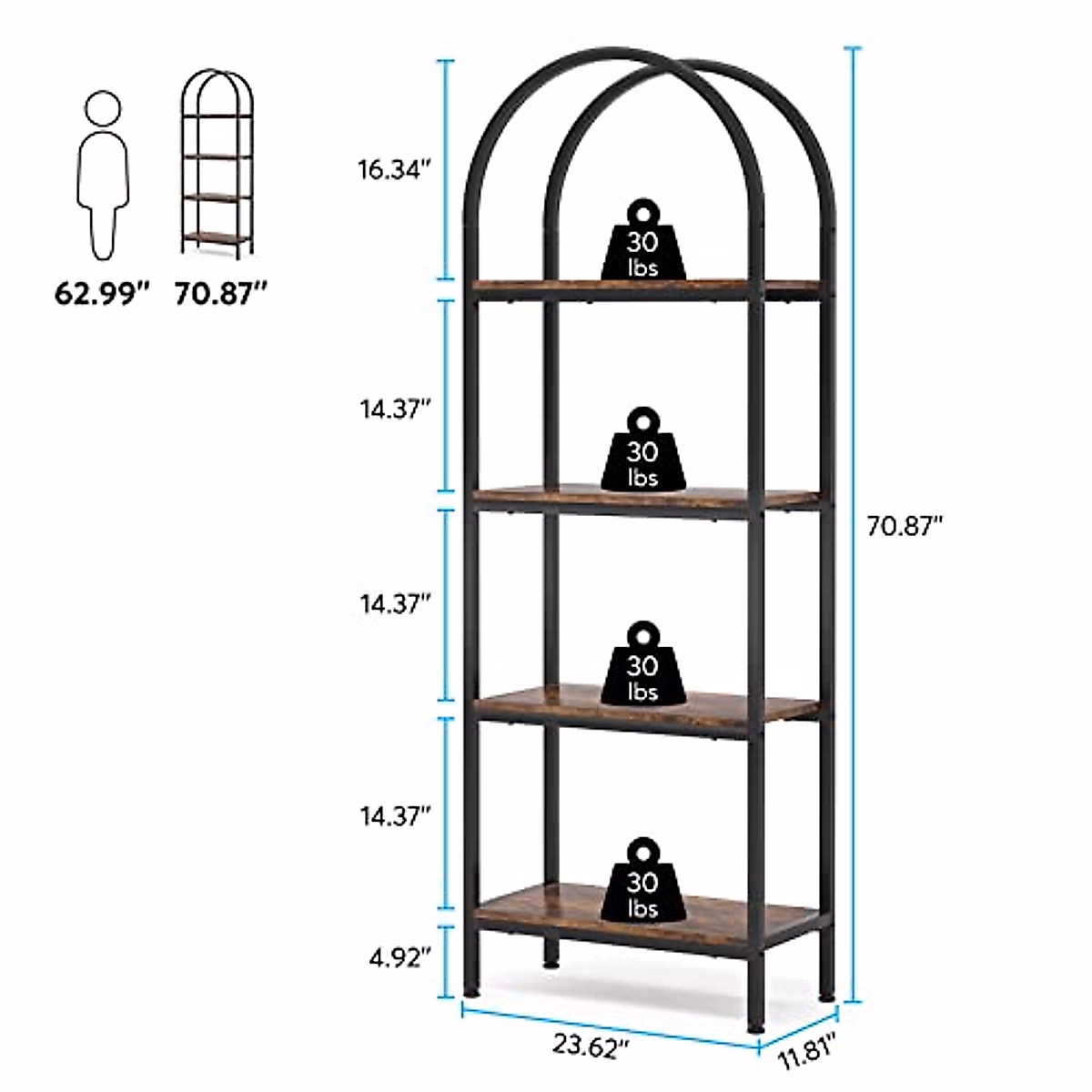 LITTLE TREE 4-Tier Arched Bookshelf, Tall Open Bookcase Storage Shelves, Wood Metal Freestanding Display Rack Tall Shelving Unit for Home Office, Bedroom, Living Room, Rustic Brown