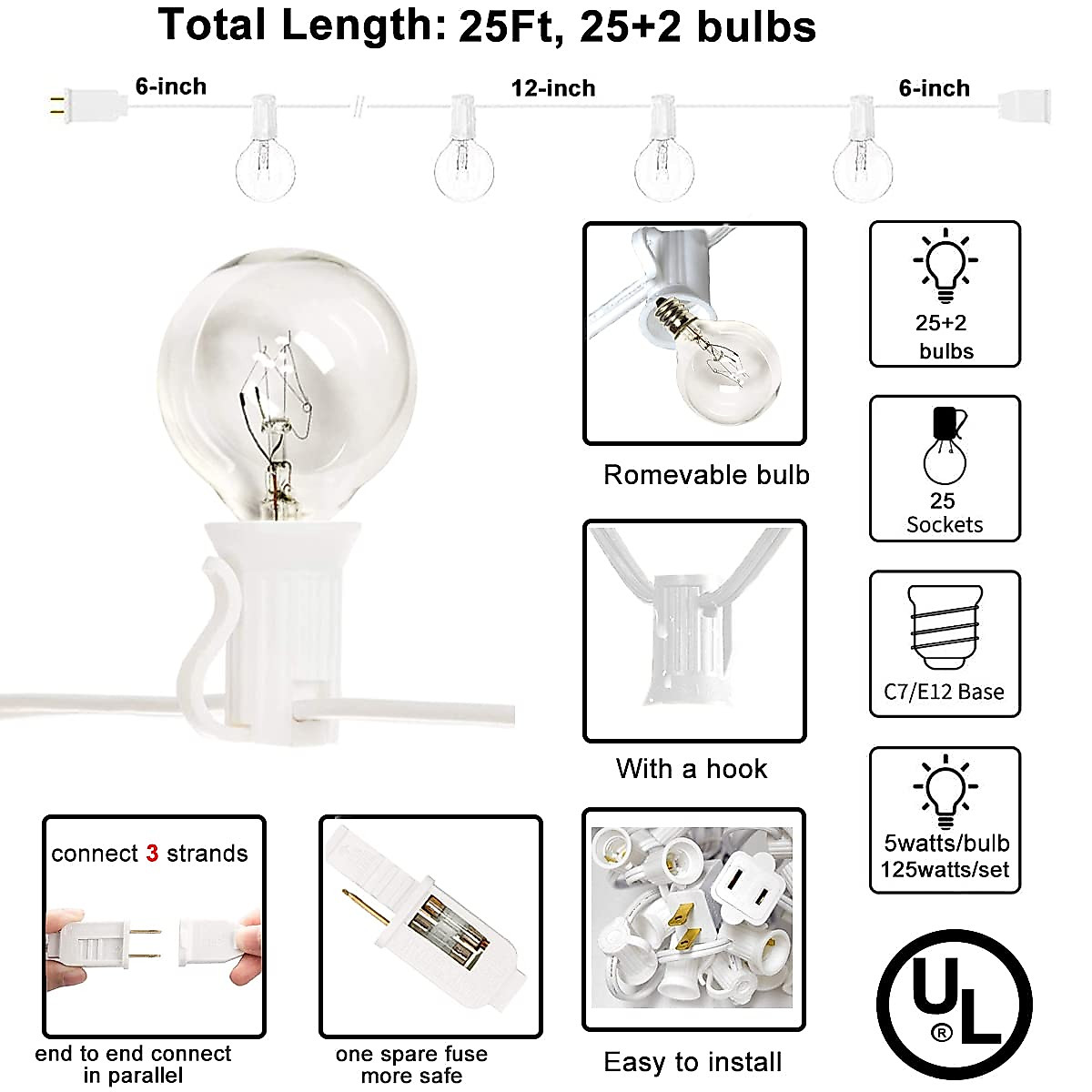 Abeja 25Ft Outdoor Patio String Lights with 25 Clear G40 Bulbs, 5W, E12 Socket Base, UL Certified for Porch Deck Balcony Wedding Party Markets Decor, White