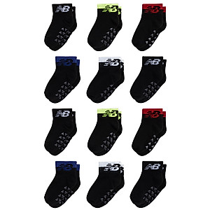New Balance Baby Boys' Socks - 12 Pack Quarter Cut Non-Skid Gripper Socks (Infant/Toddler), Size 2-4T, Black Assorted Grip