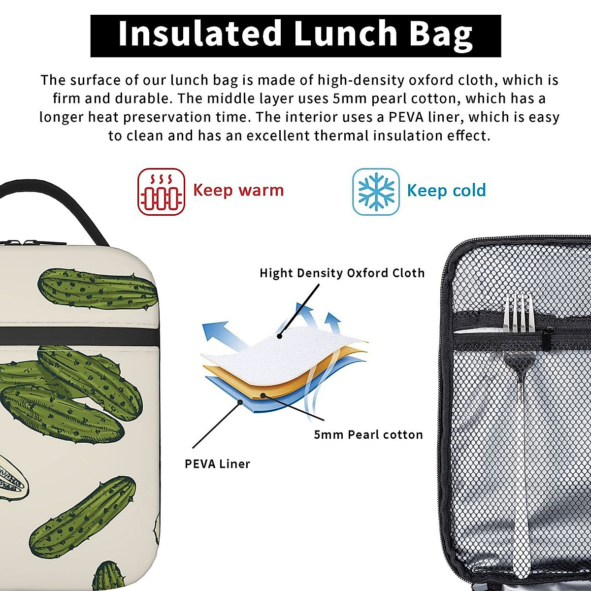 DICITNET Lunch Bag Pickle Cucumber Lunch Box Reusable Insulated Lunch Bag Ladies Men's Lunch Box Suitable for Camping Office School