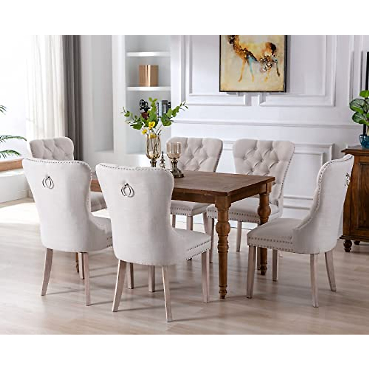Kmax Linen Elegant Upholstered Dining Chairs, Fabric Armless Accent Chair with Ring Pull Solid Wood Legs, Set of 2 - Beige
