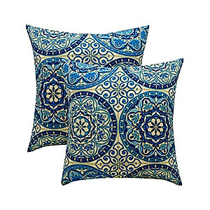 Resort Spa Home Decor Set of 2 - Indoor/Outdoor Square Decorative Throw/Toss Pillows - Wheel Indigo ~ Blue Ivory Large Sundial Fabric - Choose Size (17")