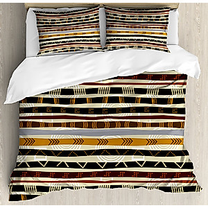 Ambesonne Abstract Duvet Cover Set, Ethnic Style Geometric Forms Striped Pattern on Bold Earth Tones Print, Decorative 3 Piece Bedding Set with 2 Pillow Shams, King Size, Orange Cream