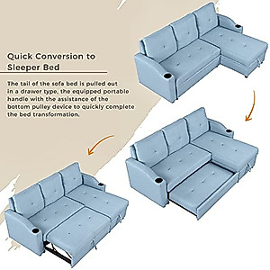 Merax 80.3'' Reversible Sleeper Sectional Sofa Couch with Pull-Out Sleeper, Corner Sofa Bed with Storage Chaise and Two Cup-Holders for Living Room Furniture Set (Blue)