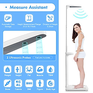 Ultrasonic Height and Body Fat Analyser 440 lbs Floor Standing Multifunction LCD Display Medical Electronic Height Body Mass Index BMI Measuring Scale for Clinic Doctors Physicians Schools