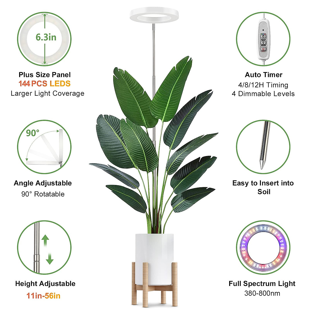 LBW Grow Lights for Indoor Plants, 144 LEDs Full Spectrum Plant Light, Large Plant Lamp with 4 Dimmable Levels, 4/8/12H Auto Timer, Height Adjustable, Halo Growing Lamp for Tall Plants, 2 Pack