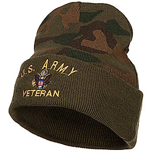 e4Hats.com US Army Veteran Military Embroidered Camo Knit Long Beanie - Green OSFM