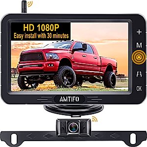 AMTIFO Wireless Backup Camera HD 1080P Bluetooth Rear View 5 Inch Split Screen Touch Key Monitor Car Truck Camper License Plate Cam System 2 Channels Waterproof Clear Night Vision DIY Guide Lines A6