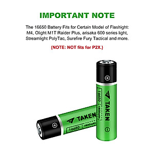 Taken 16650 Rechargeable Battery, 16650 Battery 1800mAh 3.7V Li-ion Rechargeable Battery with Button Top for Flashlights Torches - 2 Pack