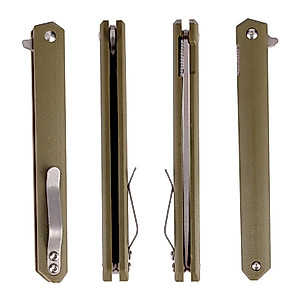 Samior G1035 Small Slim Folding Pocket Flipper Knife, 3.5 inch D2 Drop Point Blade, Army Green G10 Handle with Liner Lock Pocket Clip, Gentleman's EDC Knives 1.3oz