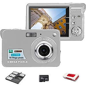 eDealz 18MP Megapixel Digital Camera Kit with 2.7" LCD Screen, Rechargeable Battery, 32GB SD Card, Card Holder, Card Reader, HD Photo & Video for Indoor, Outdoor Photography for Adults, Kids (Silver)