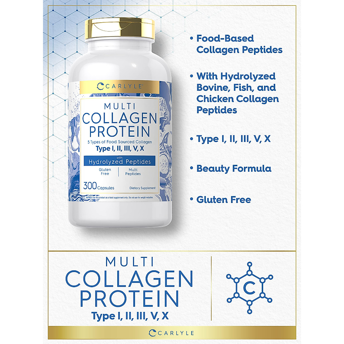 Carlyle Multi Collagen Protein Capsules 2000mg | 300 Count | Type I, II, III, V, X | Collagen Peptide Pills | Keto & Paleo Friendly, Gluten Free Supplement