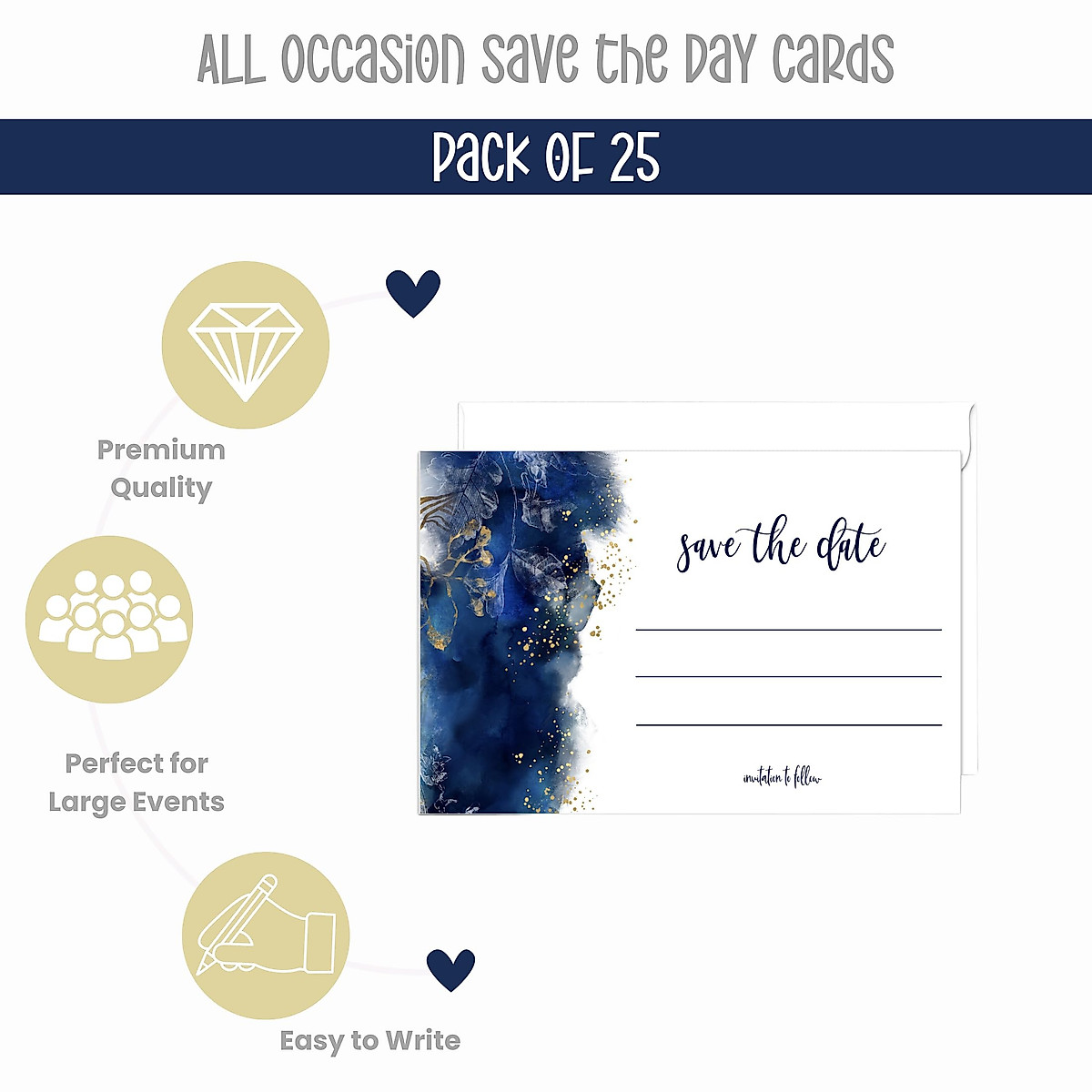 Paper Clever Party Blue Save the Date with Envelopes, All Occasion Cards for Wedding Invitations, Birthday, Graduation, Watercolor Gold Floral, 3.5x5, 25 Pack