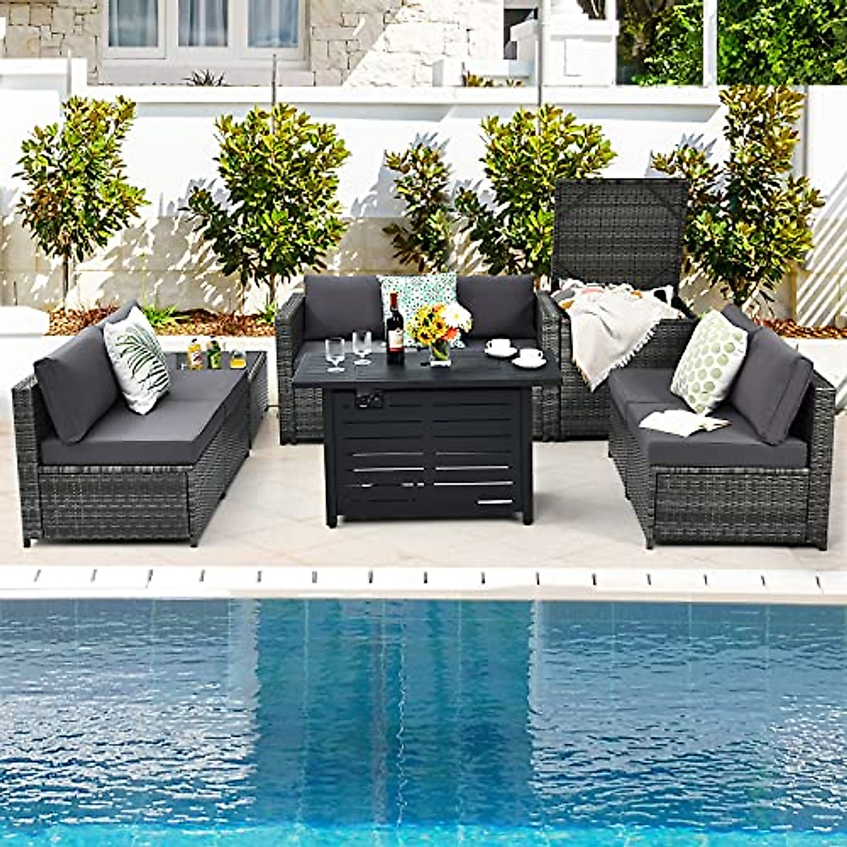 Tangkula 9 Pieces Patio Rattan Furniture Set, Patiojoy Sectional Sofa Set w/Fire Pit Table, Storage Box, Coffee Table, Outdoor Wicker Conversation Set w/ 42” Propane Fire Pit Table (Grey)