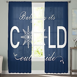 2 Panels Semi Sheer Curtains 108 Inche Length, Christmas Sheer Curtain Rod Pocket Kitchen Curtains Drapes, Chiffon Window Treatments for Living Room Bedroom Cold Winter Snowflakes Blue Backdrop