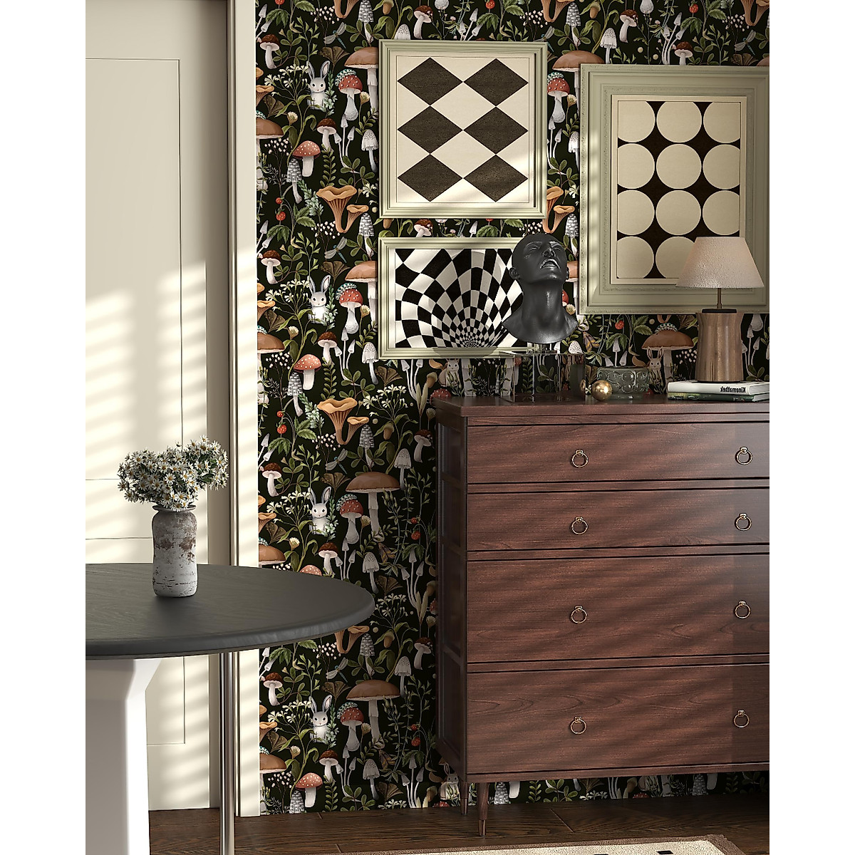 MILEPER Mushroom Wallpaper Peel and Stick Wallpaper Boho Black Wallpaper 17.7" x 78.8" Self Adhesive Removable Wallpaper Leaf Forest Wallpaper Mushroom Contact Paper for Countertops Decor