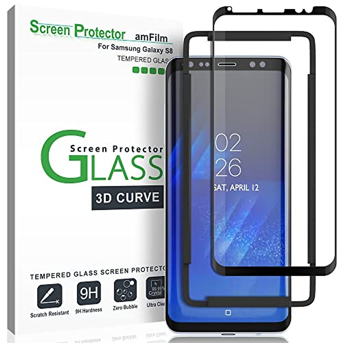 amFilm Glass Screen Protector for Samsung Galaxy S8, 3D Curved Tempered Glass, Dot Matrix with Easy Installation Tray, Case Friendly (Black)