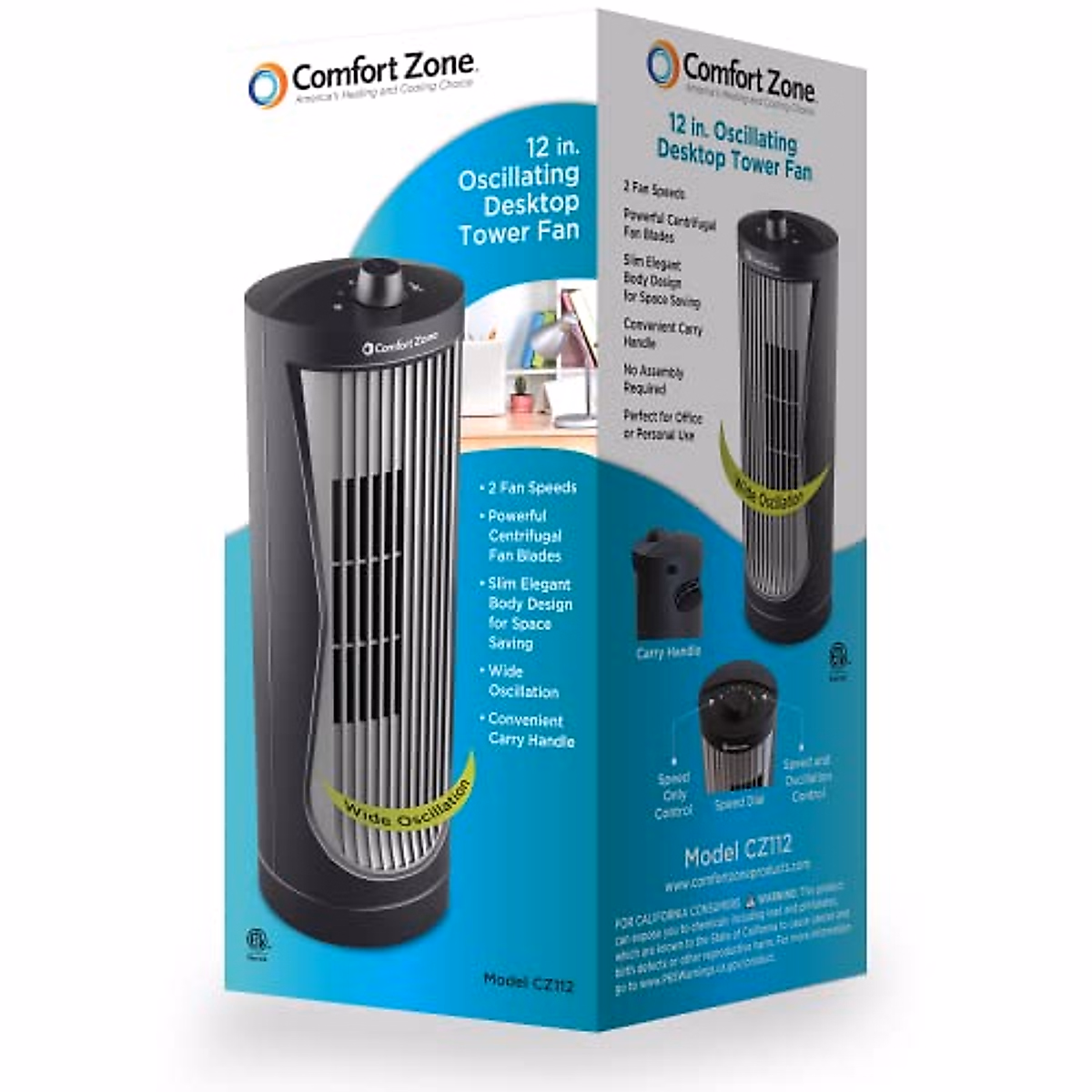 Comfort Zone CZ112 12” 2-Speed Oscillating Tower Fan with High Performance Centrifugal Blades, Convenient Built-in Carry Handle, and Space Saving Design, Black