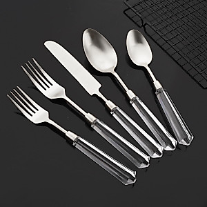 JASHII 5pcs Silver 304 Stainless Steel Flatware Cutlery Set with Transparent Acrylic Handle Diamond Shape, Matte Knife Fork Spoon Set, Dishwasher Safe for Home Wedding Hotel