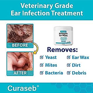 Curaseb Cat & Dog Ear Infection Treatment Wipes – Treats Infected Ears, Inflammation & Itchiness – Cleans & Deodorizes – 100 Wipes