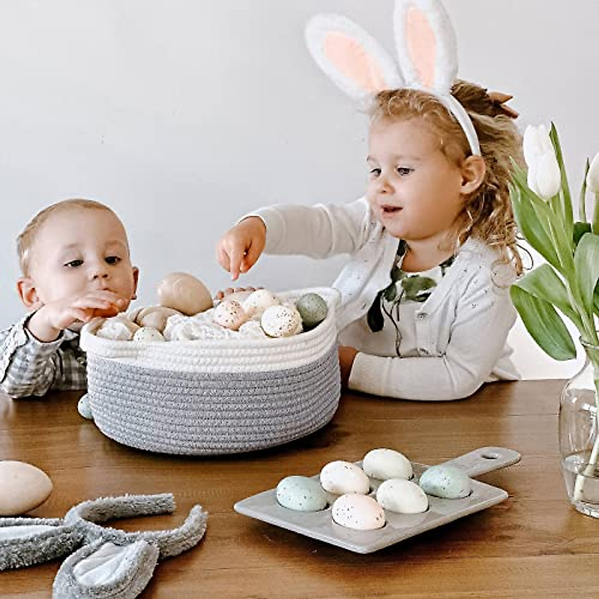 Goodpick Small Woven Basket Cute Gray Rope Basket Cotton Basket Baby Room Storage Basket Dog Toy Basket with Handles Empty Gift Basket for Shelf 12"x 8" x 5" Easter Basket Oval Candy Color Design