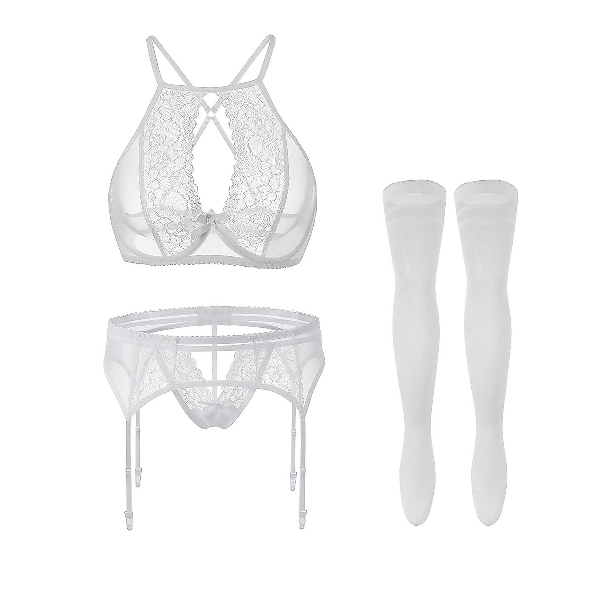 XSPICE White Garter Lingerie For Women,Lingerie Set Garter Belts And Stocking Sets 4PCS