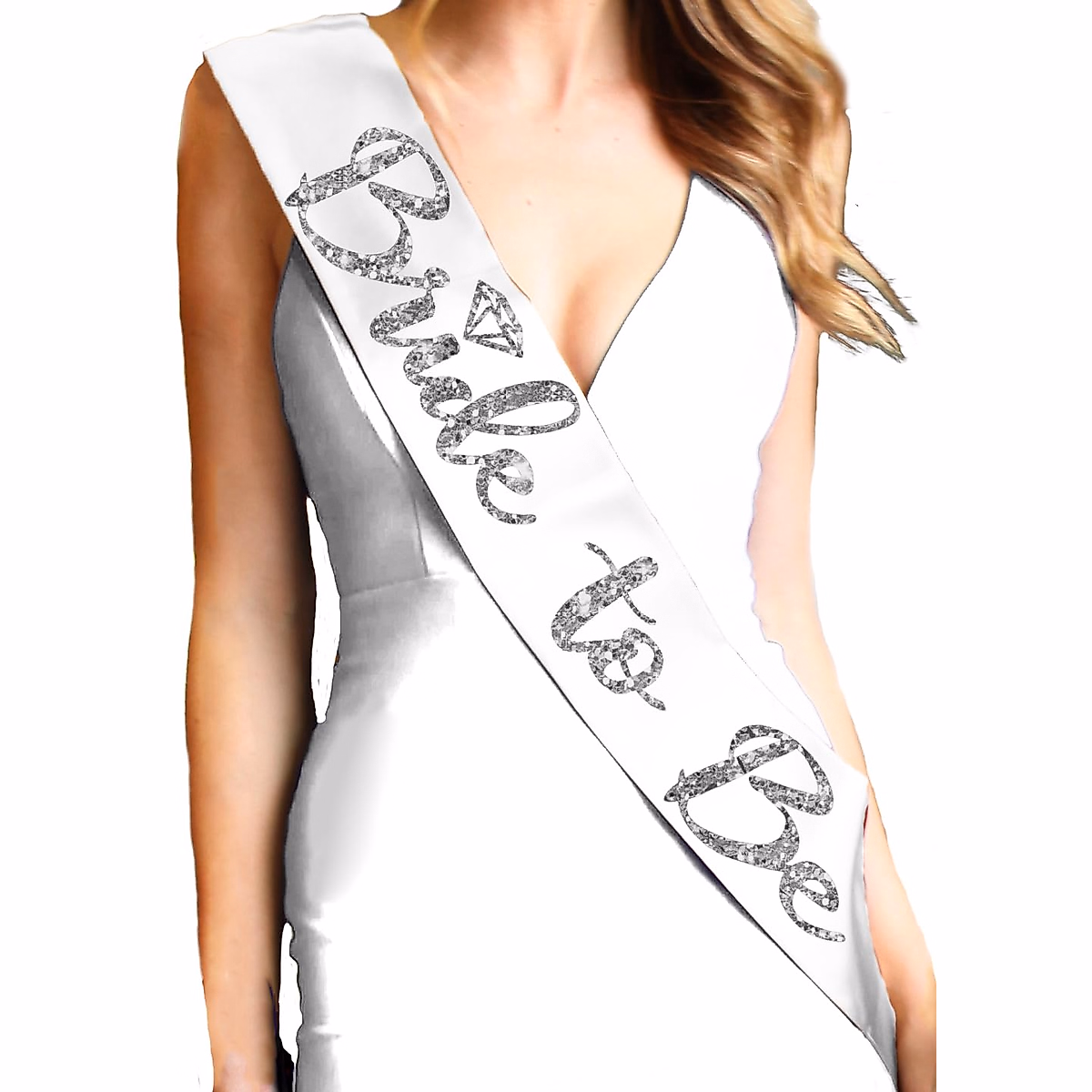 Bride To Be Sash White - Premium BRIDAL GRADE SATIN Silver Sparkle Diamond Bride To Be BRIDAL GRADE Satin Sash - White Sash(SlvDiaB2B)