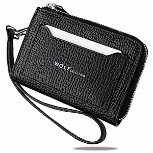 WOLFselection Genuine Leather Wallet with Wrist Lanyard for Men Women - Key and Credit Card Holder Wallets - Zip Wallet for Cash Notes ID Driver's License