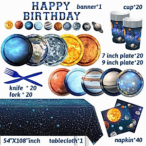 Space Theme Party Decorations-142Pcs Space Plates and Napkins Kit Galaxy Solar System Outer Space Tableware for Birthday Party
