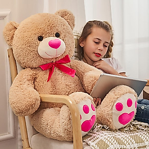 Tezituor Big Teddy Bear Stuffed Animal, Giant Teddy Bear with Pink Love for Girlfriend Boyfriend Kid, Large Stuffed Bear Plush for Valentines Day/Birthday/Baby Shower, 36 inches Tan