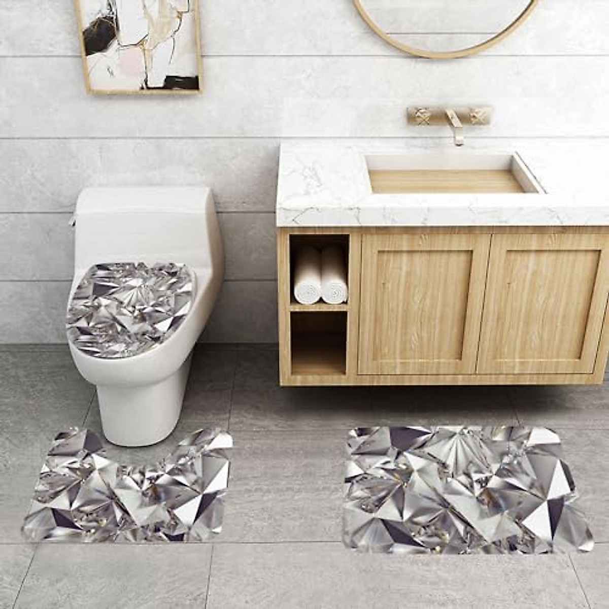 Glitter Abstract Diamond Crystal Pattern Print 3 Pieces Bathroom Rug Set 1 Rectangular Floor pad 1 U-Shaped Floor mat 1 O-Shaped closestool pad