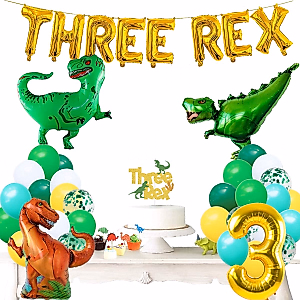 Three Dino Rex Birthday Party Decorations, Three Inspired Rex Letter Balloon T-Rex Dinosaur 3 Cake Topper for 3 Year Old Birthday Party Decorations,Boys Dinosaur Birthday Party Supplies