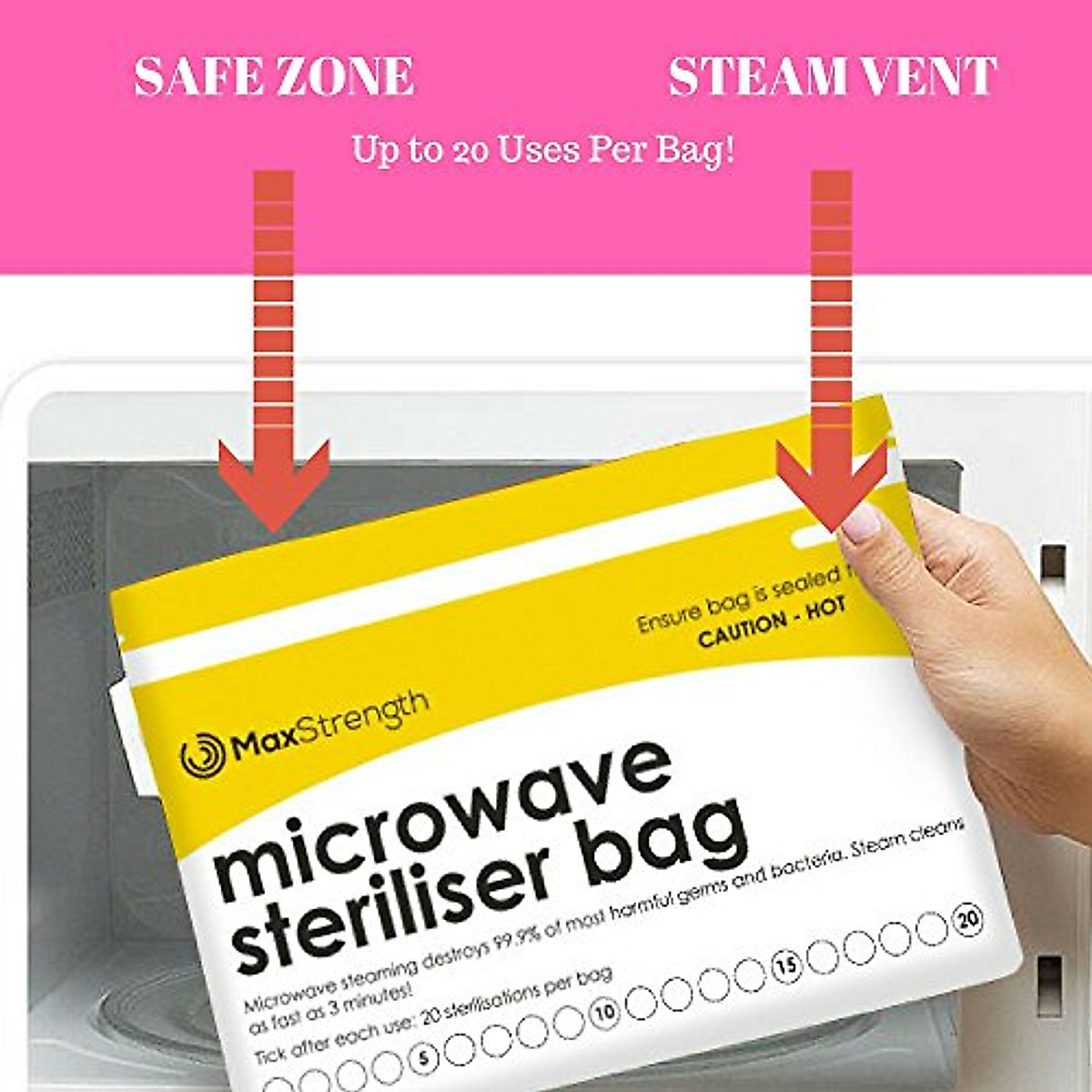 Premium Microwave Sterilizer Bags (20pcs) by Max Strength, Large & Durable Steam Bags for Baby Bottles, Soothers, Teethers & Training Cups, 20 Uses Per Bag & Marking System