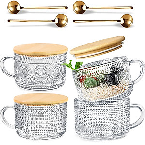 HAPTIME 4 Pcs Vintage Coffee Mugs - 14oz Clear Glass Tea Cups with Lids and Spoons - Ideal Iced Coffee Cups for Housewarming Gifts & Coffee Bar Accessories