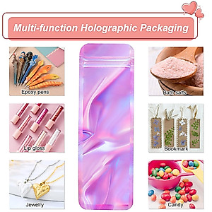 HRX Package 100pcs Pink Holographic Bags Packaging 2.4x7 inch, Resealable Bags Foil Ziplock Pouch Smell Proof Baggies for Lip Gloss, Eyeliner Pens, Jewelry, Candy