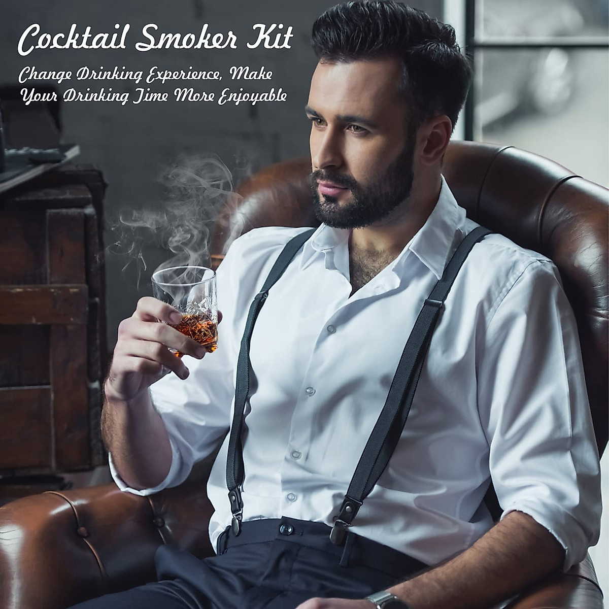 Hgsoor Whiskey Smoker Kit - Old Fashioned Drink Smoker Kit - Cocktail Smoker Kit with Torch, 4 Flavors Wood Chips, 4Ice Cubes, Bourbon Smoker Kit, Bourbon Whiskey Gifts for Men,Dad (No Butane)