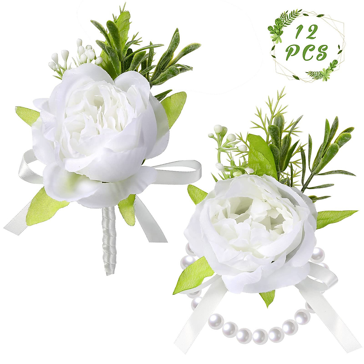 Jexine 12 Pcs Rose Wrist Corsage Wristlet Band Bracelet and Men Boutonniere Set White Flower Corsage Wrist Flowers and Boutonniere Buttonholes for Wedding Flowers Accessories Decor