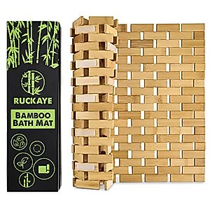 Ruckaye Bamboo Bath Shower Mat 24x16 Inches with Silicone Grip Pads – Foldable, Waterproof, Slip Resistant for Bathroom, Sauna, Spa, Kitchen & Outdoors– Environment Friendly