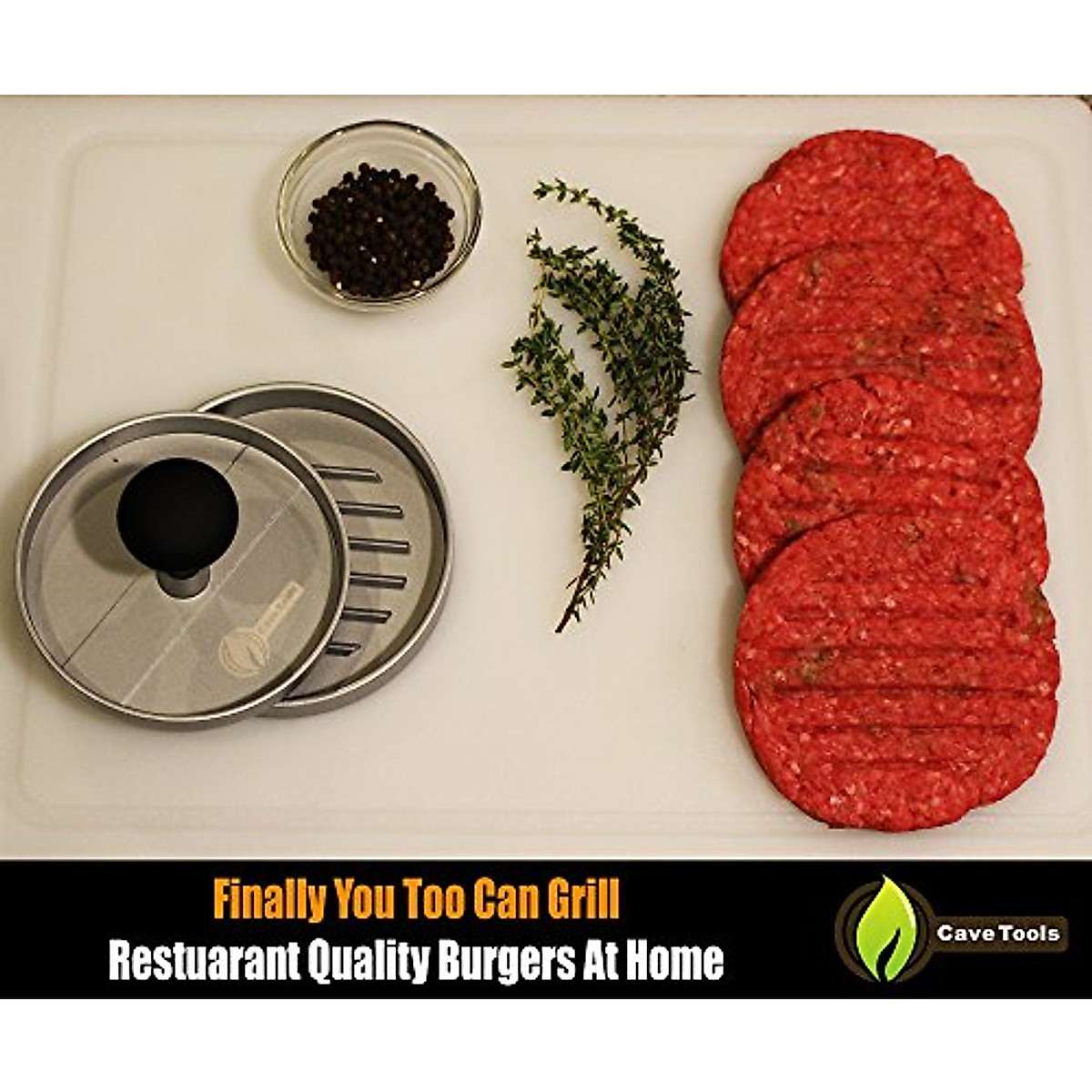 Cave Tools Burger Press - Perfectly Formed Hamburger Maker - Includes 200 Non Stick Patty Papers for Making 1/4 lb or 1/3 lb Stuffed Pocket Burgers - Aluminum Presser