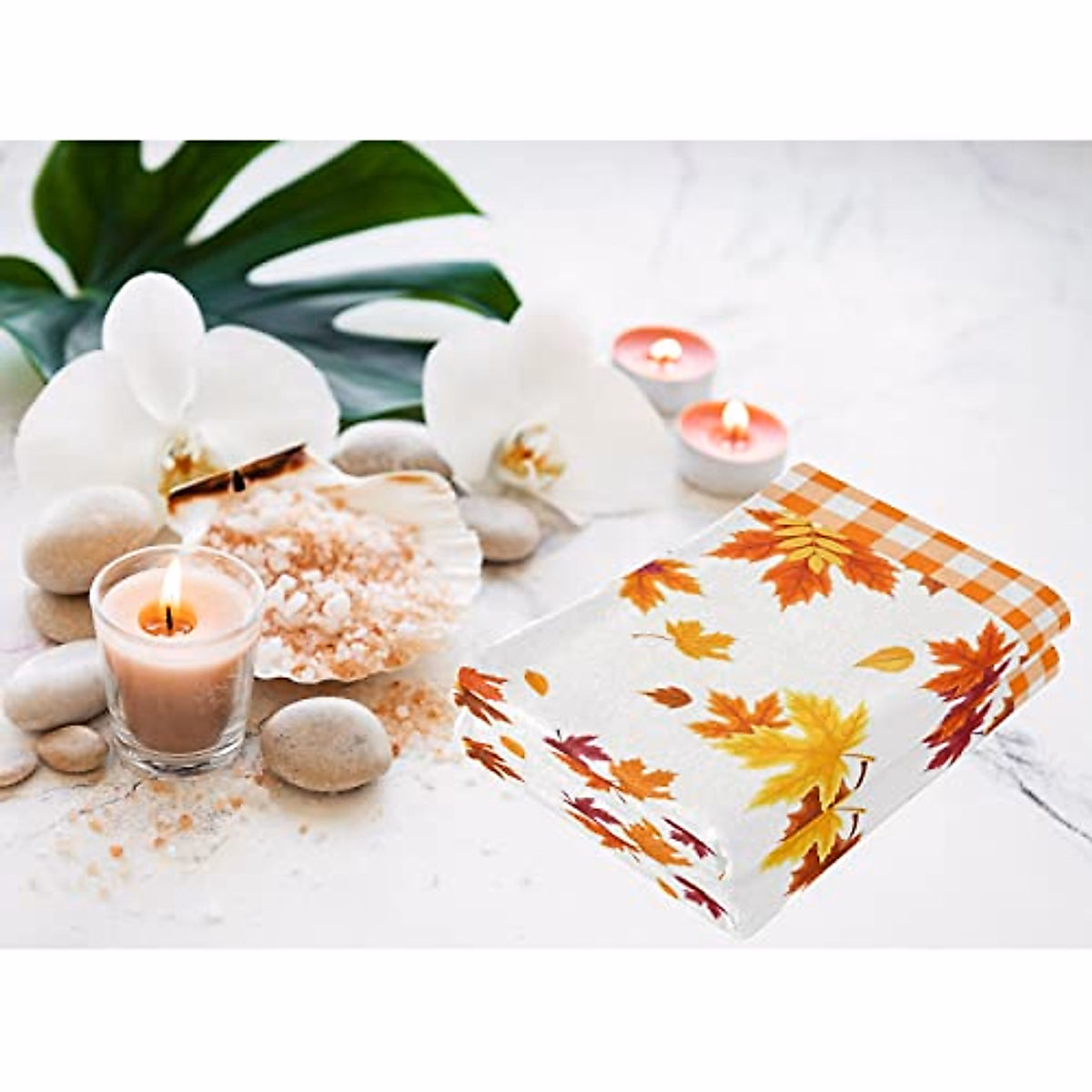 Pfrewn Fall Autumn Maple Leaves Hand Towels for Bathroom Set of 2 Orange Plaid Check Tartan Kitchen Dish Hanging Towel Absorbent Soft Thanksgiving Day Decor, 16x30 in