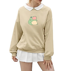 KIEKIECOO Cute Aesthetic Frog Sweatshirt for Teen Girls Kawaii Cartoon Graphic Hoodie Womens Preppy Cotton Pullover Sweaters(Apricot,Medium)