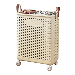 curfair Laundry Basket Foldable with Wheels, Collapsible Laundry Hamper, Slim Laundry Basket Organizer Wheeled Laundry Basket Plastic, Dirty Clothes Basket for College Dorm, Bathroom White M