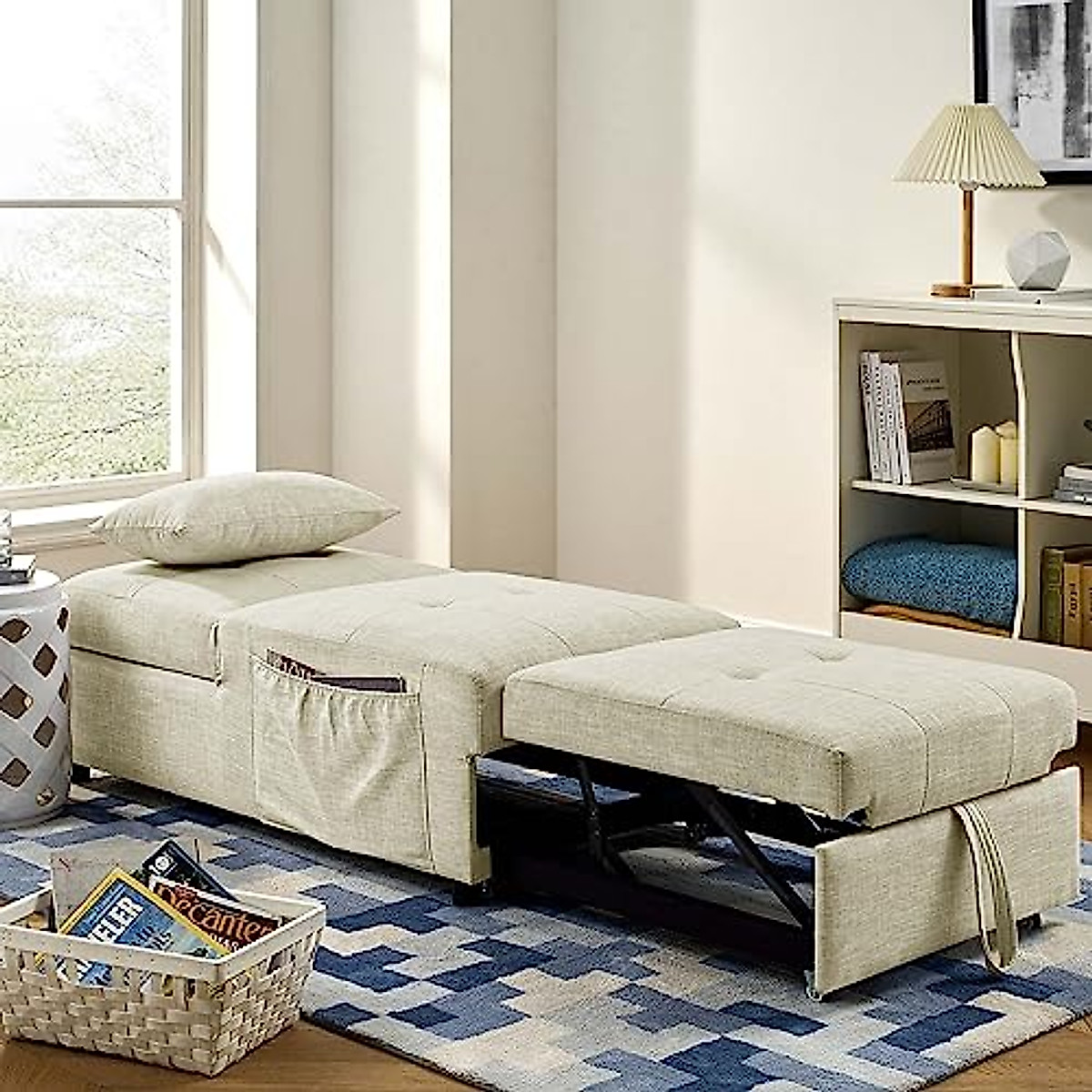 DUNTRKDU 4 in 1 Function Folding Ottoman Sleeper Sofa Bed with Plastic Legs, Single Bed Chair Work as Ottoman, Chair, Sofa Bed & Chaise Lounge, Modern Sofa Bed for Living Room Home Office (Beige)