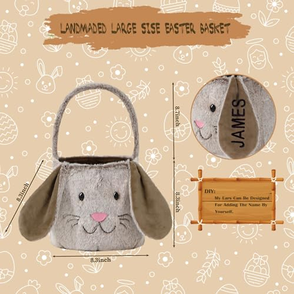 THOVSMOON Easter Bunny Basket,Cute Easter Bucket Bags with Rabbit Ears for Easter Eggs Hunting,Easter Decorations,Candy Gifts Storage (Brown/White)