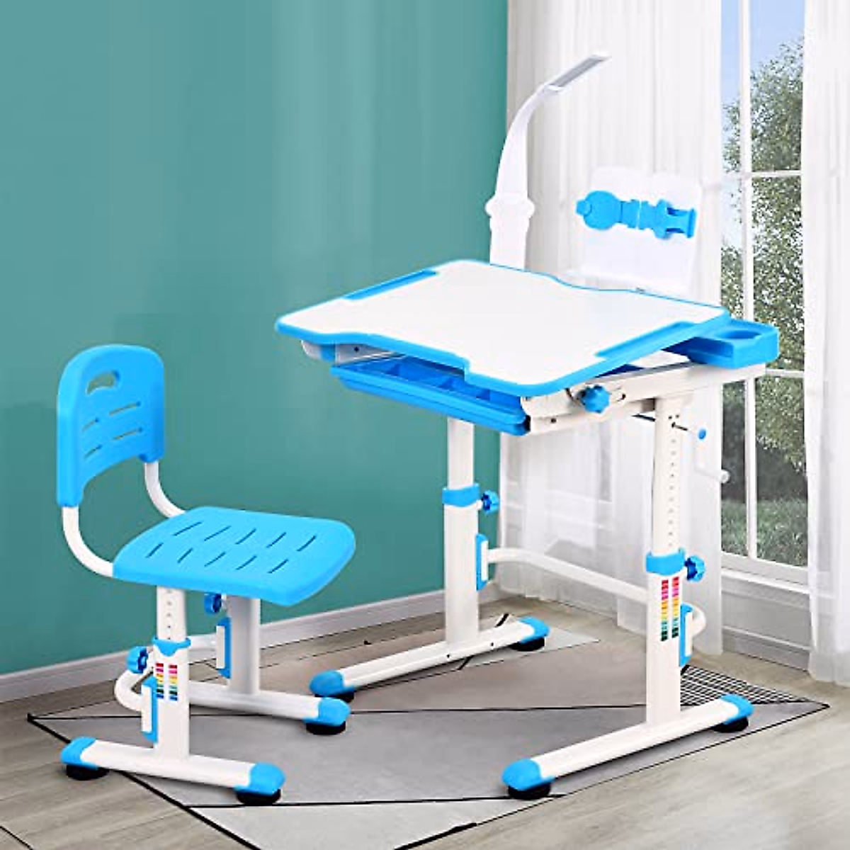 UNICOO Adjustable Kids Desk & Chair Set with LED Lamp, Premium Quality, Crank Height Adjustable Study Desk, Tilt Desktop, Spacious Storage Drawer, New Anti-tip Designed Bookstand & Safe Chair